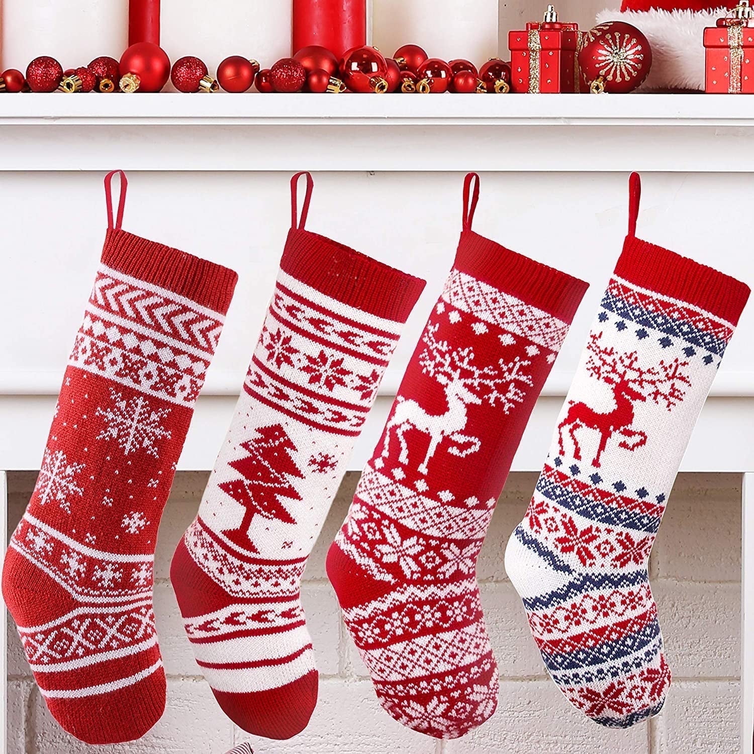 4 Pieces 18" Knit Christmas Stockings Reindeer Christmas Tree ...