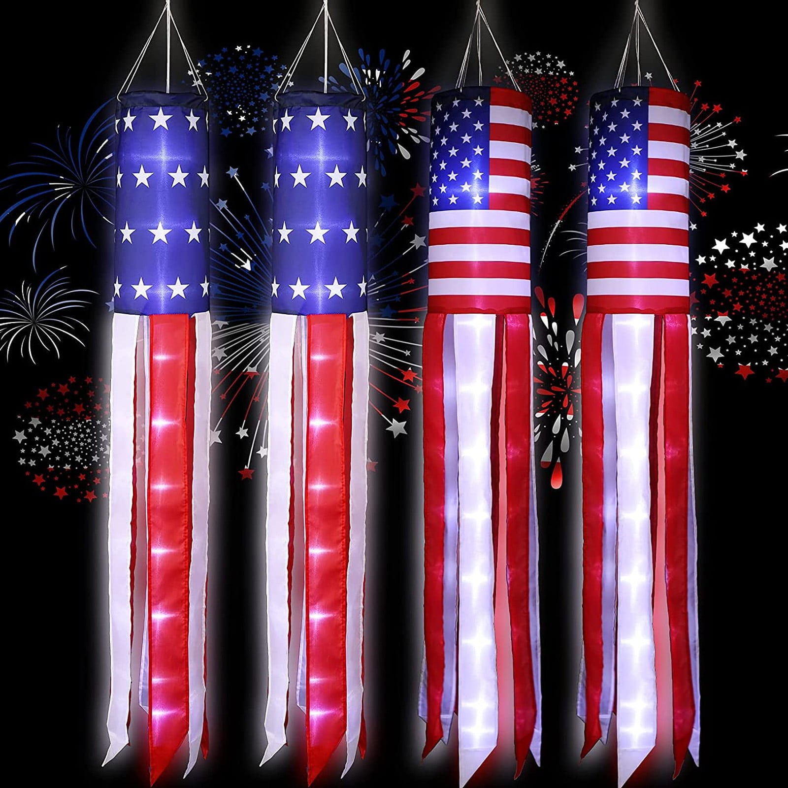 4 Pieces 40 Inch American Flag Windsock with LED Lights Embroidered USA ...