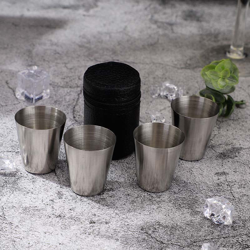 4 Pieces 70ml (2.3oz) Stainless Steel Shot Cups Shot Glass Drinking Vessel with One Black PU ...