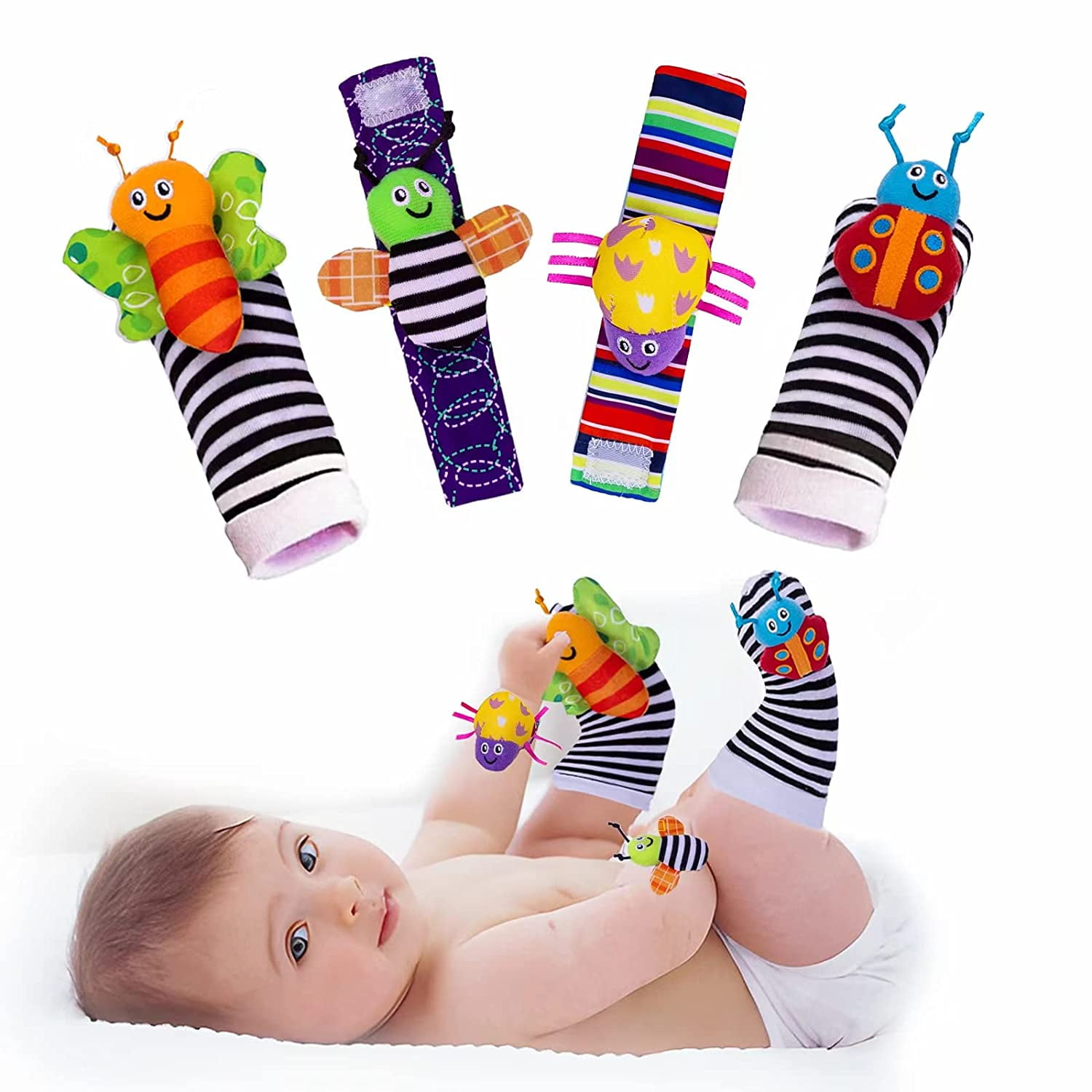 4 Pieces Baby Wrist Rattle Animal Rattle Foot Finder Socks Cartoon Baby ...
