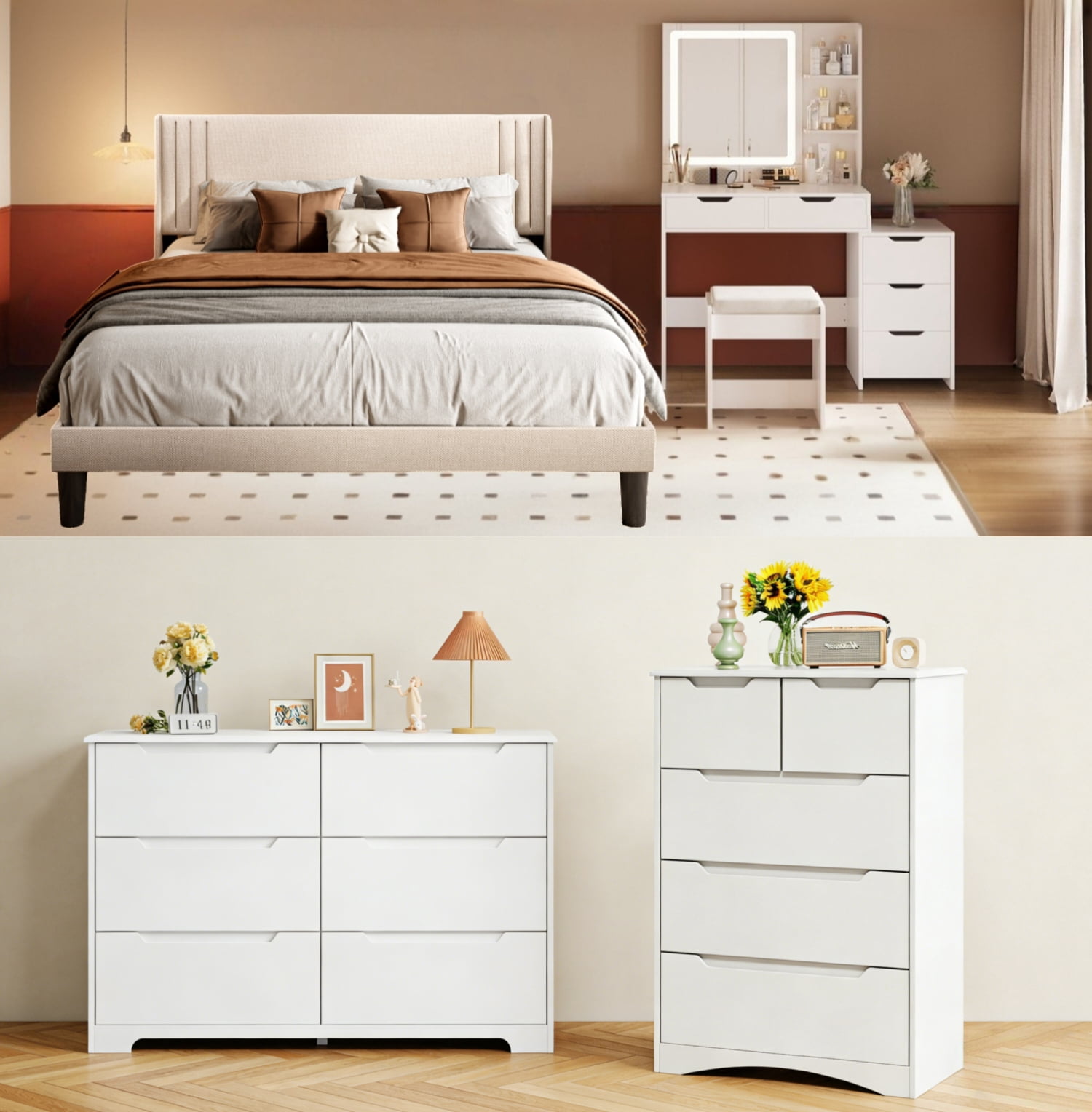 4 Pieces Bedroom Furniture Set, Includes Queen Size Bed Frame with ...