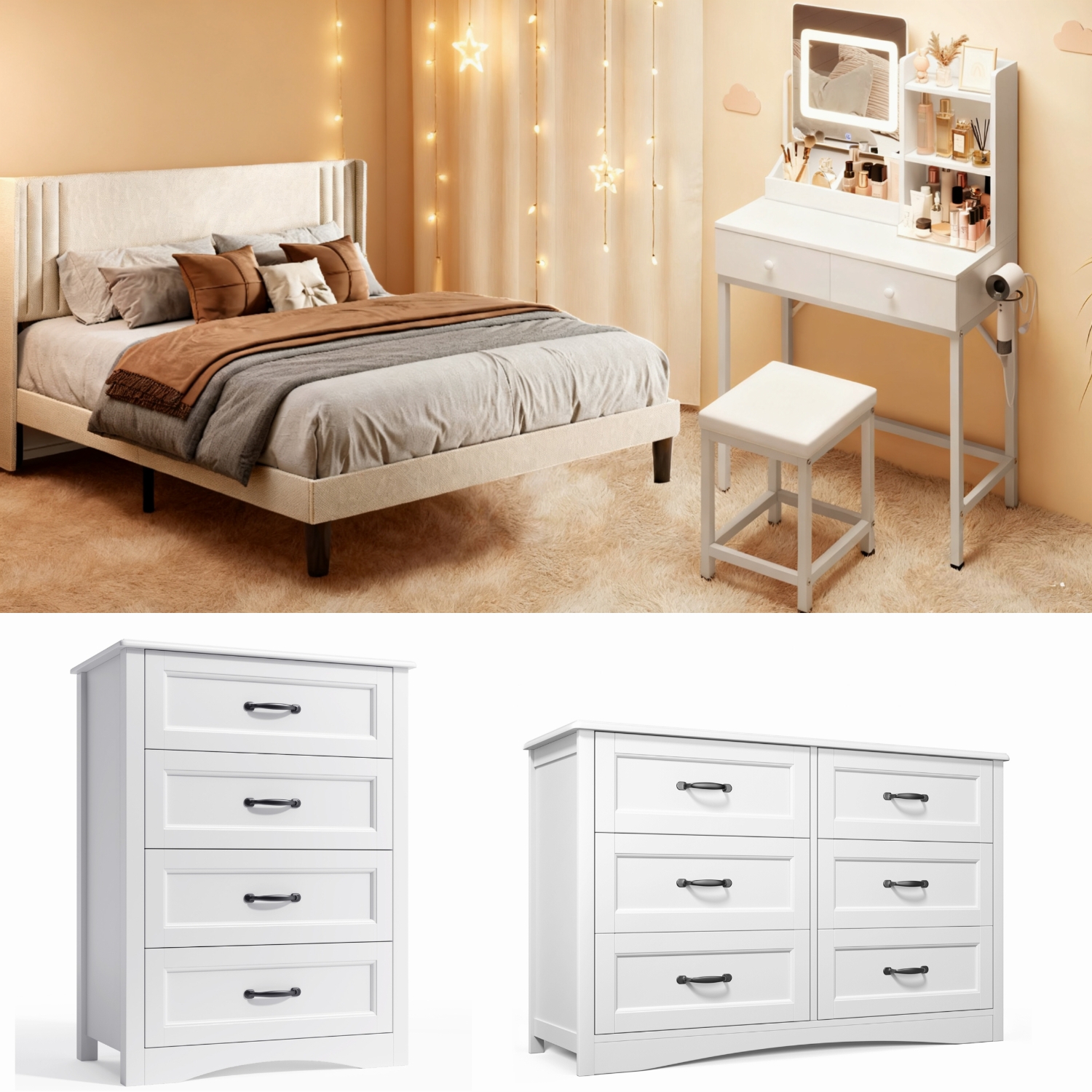 4 Pieces Bedroom Furniture Set, Includes Queen Size Bed Frame with ...