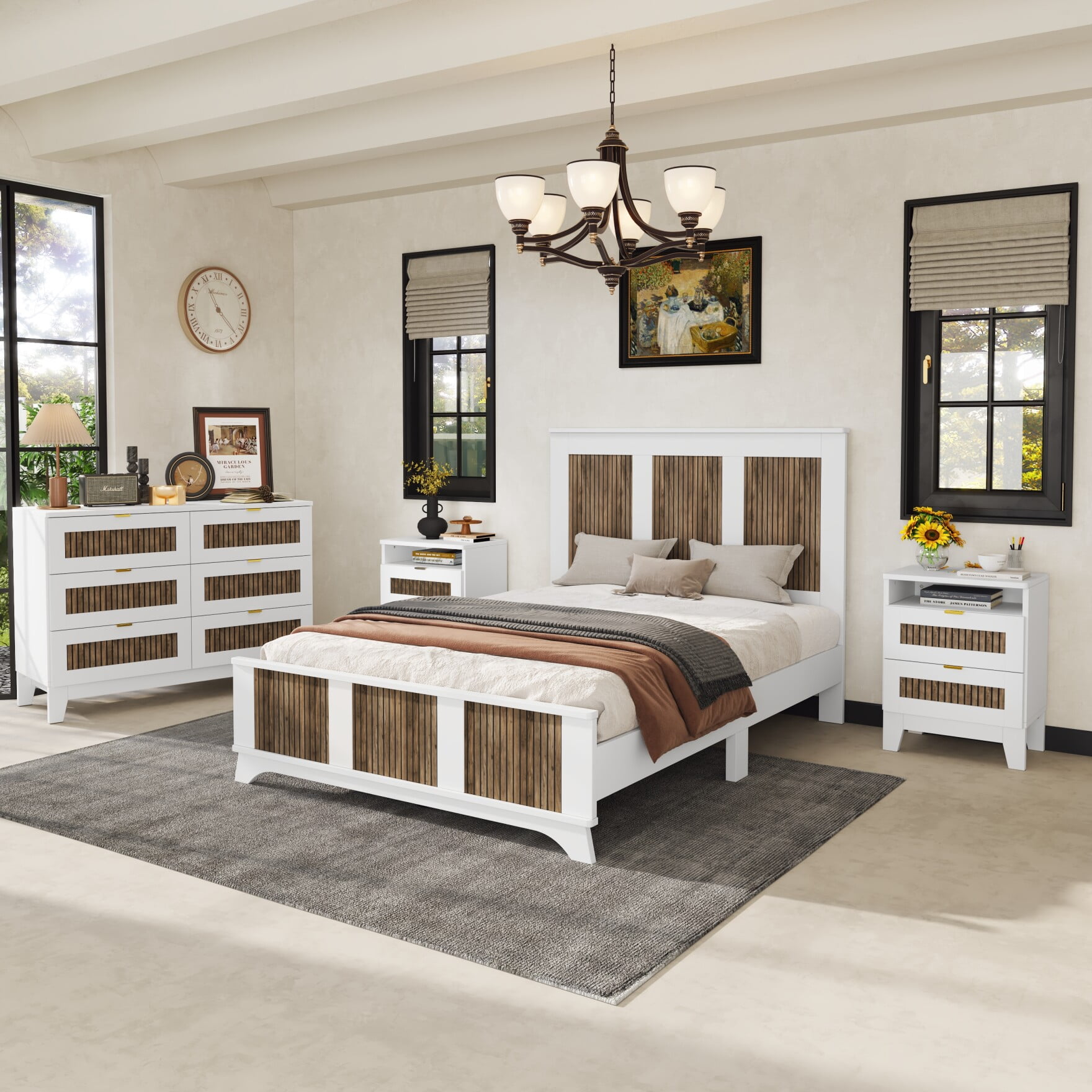 4-Pieces Bedroom Sets, Full Size Farmhouse Platform Bed with Wooden ...