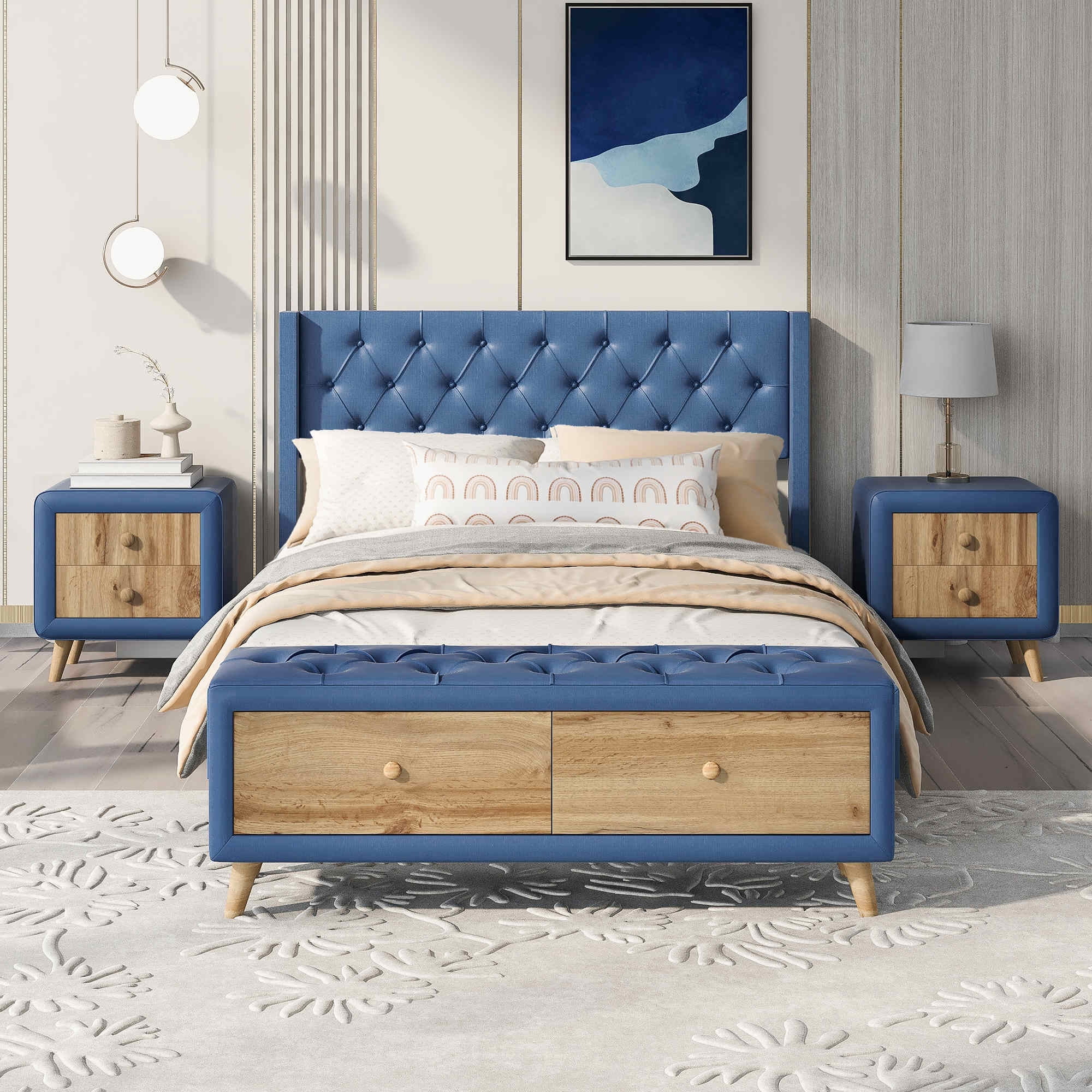 4-Pieces Bedroom Sets, Full Size Platform Bed with Two Nightstands and ...