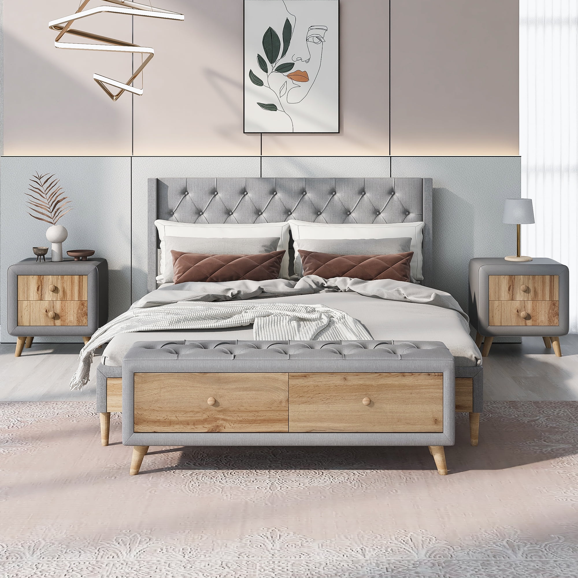 4-Pieces Bedroom Sets, Linen Platform Bed Frame with Two Nightstands ...