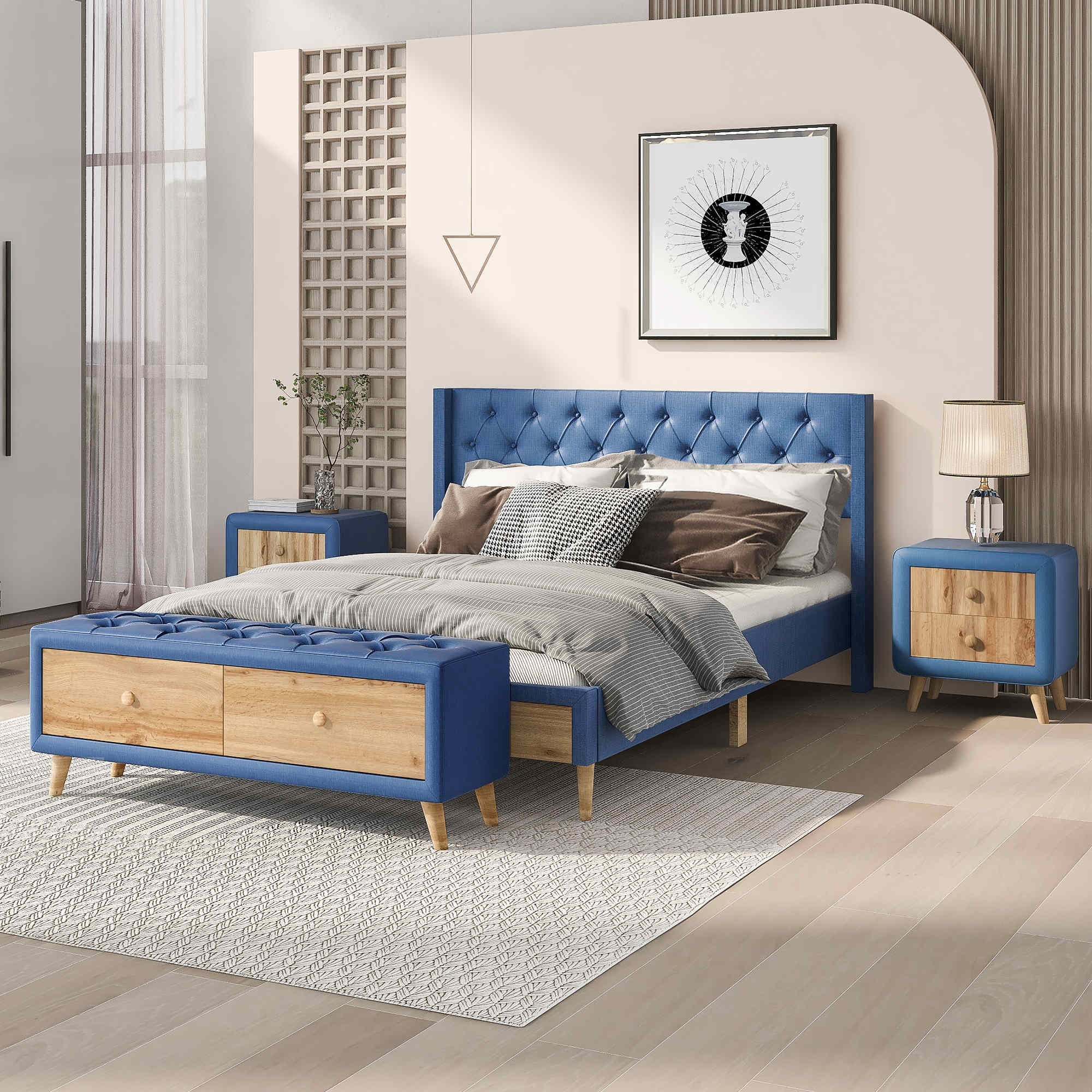 4-Pieces Bedroom Sets, Queen Size Platform Bed with Two Nightstands and ...