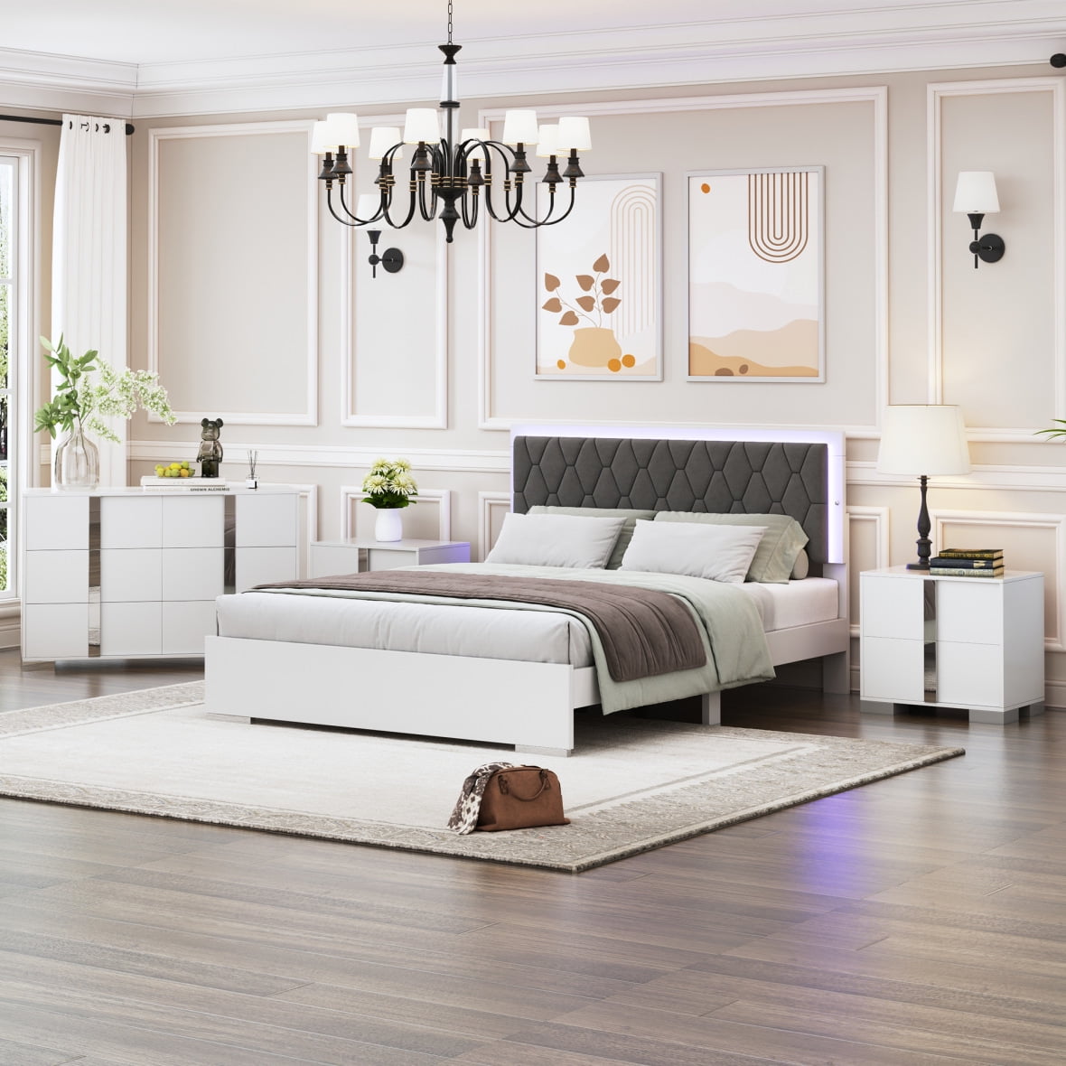 4-Pieces Bedroom Sets Queen Size Upholstered Bed with LED Lights, 2 ...