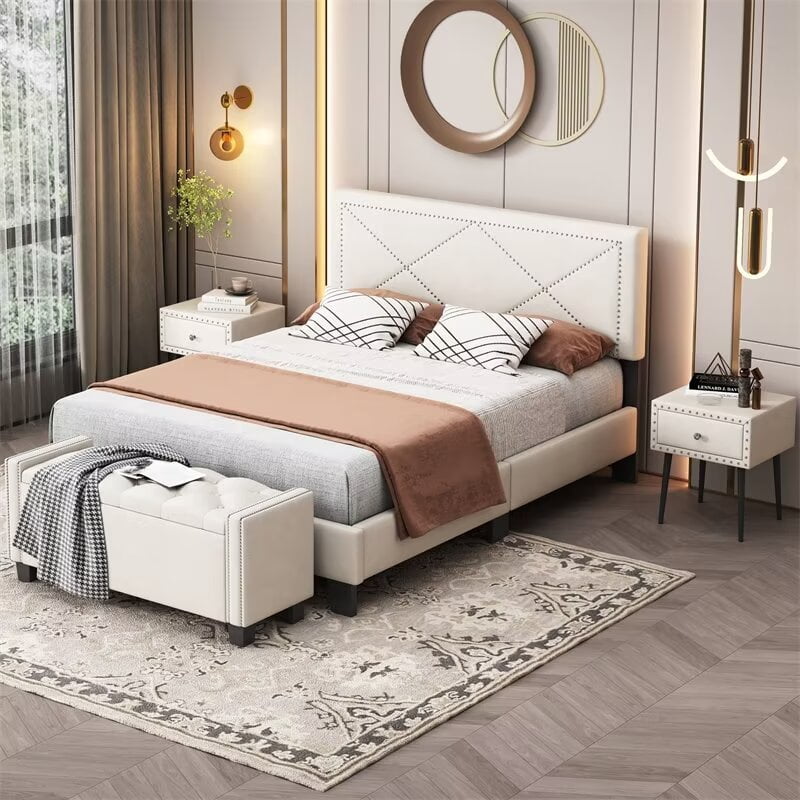 4-Pieces Bedroom Sets, Queen Size Upholstered Platform Bed with Rivet ...