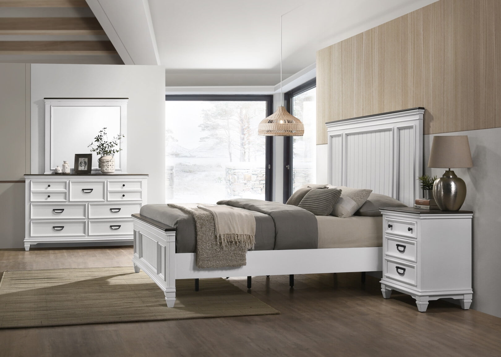 4-Pieces Bedroom Wood Furniture Sets, White Wash Finish Bedroom Sets ...