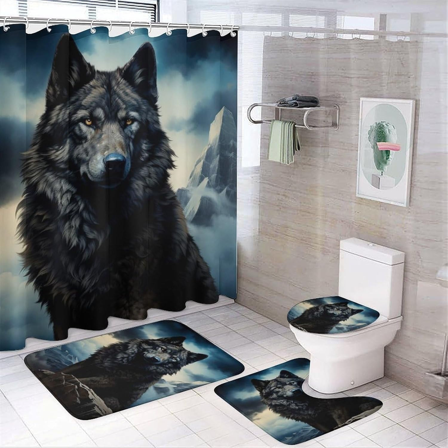 4 Pieces Black Wolf Shower Curtain Set Cool Wild Animal Abstract ...