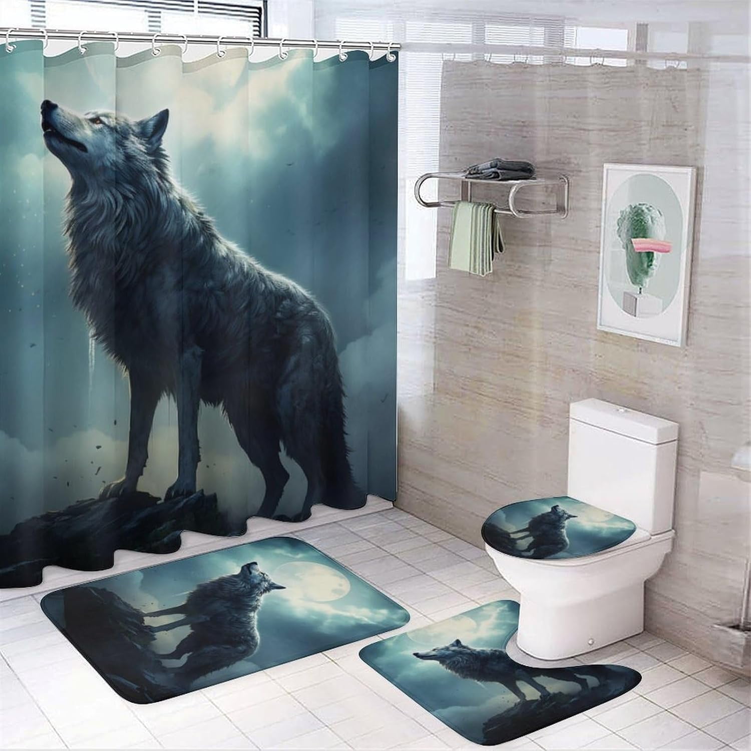 4 Pieces Black Wolf Shower Curtain Set Cool Wild Animal Abstract ...