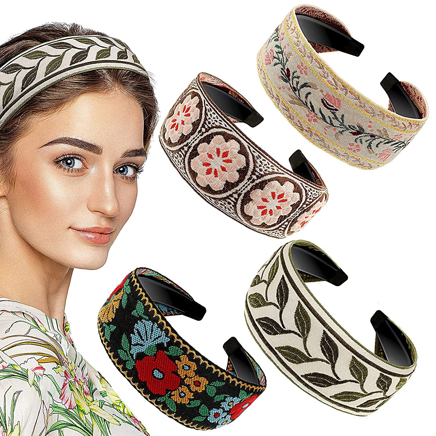 4 Pieces Boho Headband for Women Embroidery Wide Hair Band Bohemia ...