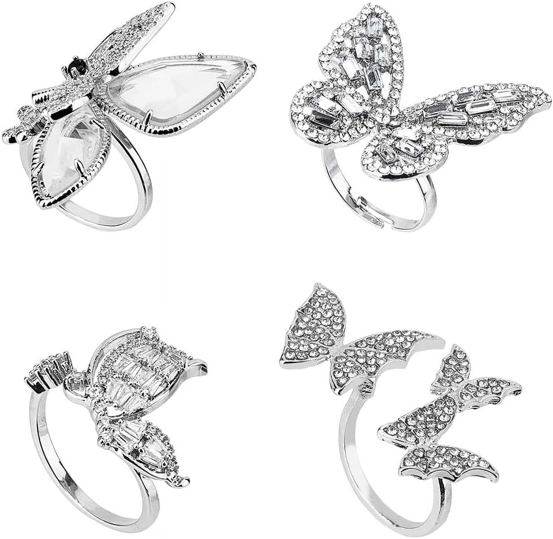 4 Pieces Butterfly Rhinestone Ring Adjustable Open Statement Butterfly ...