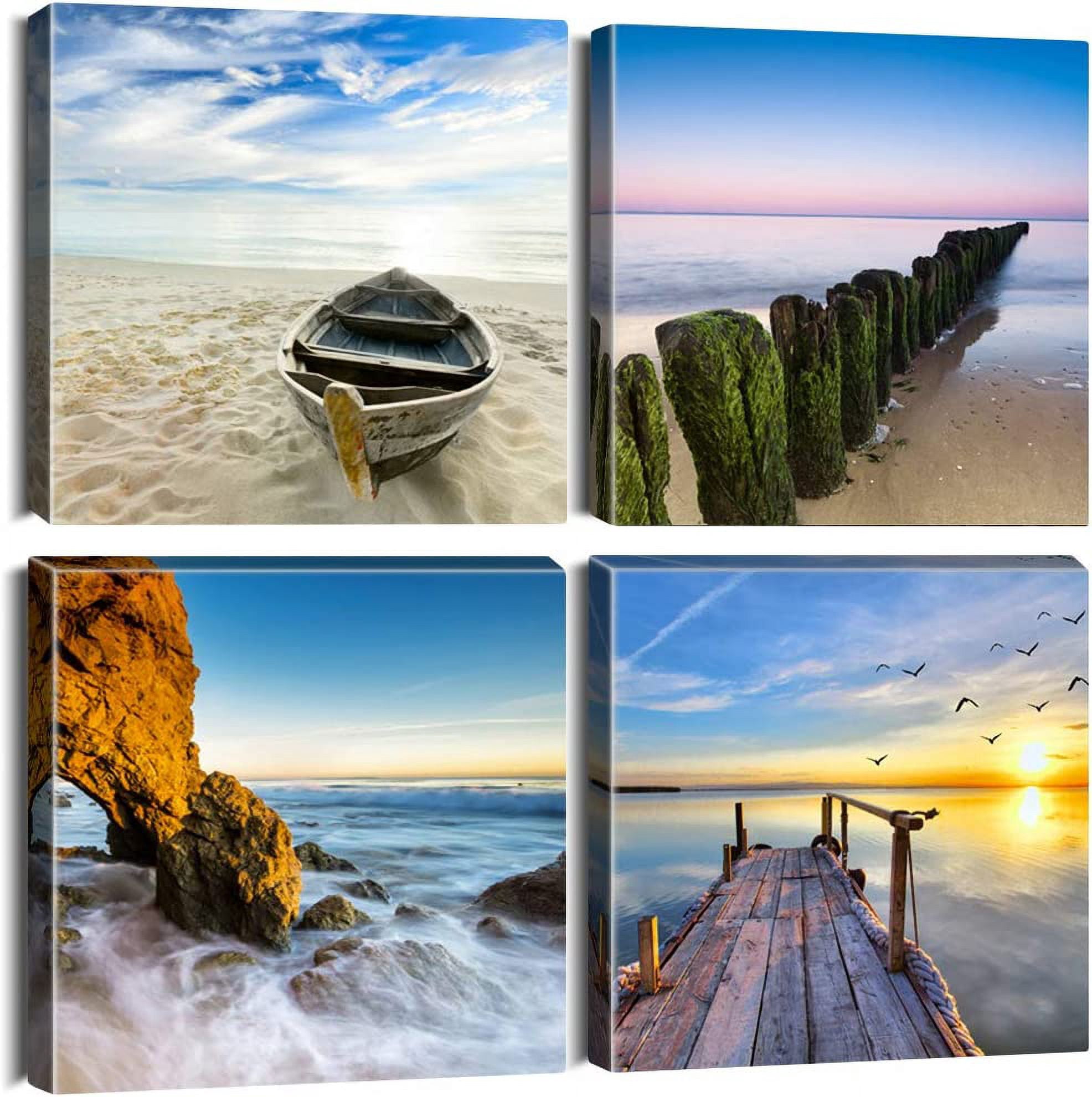 4 Pieces Canvas Prints Wall Art - Wooden Boats, Stakes and Piers on The ...