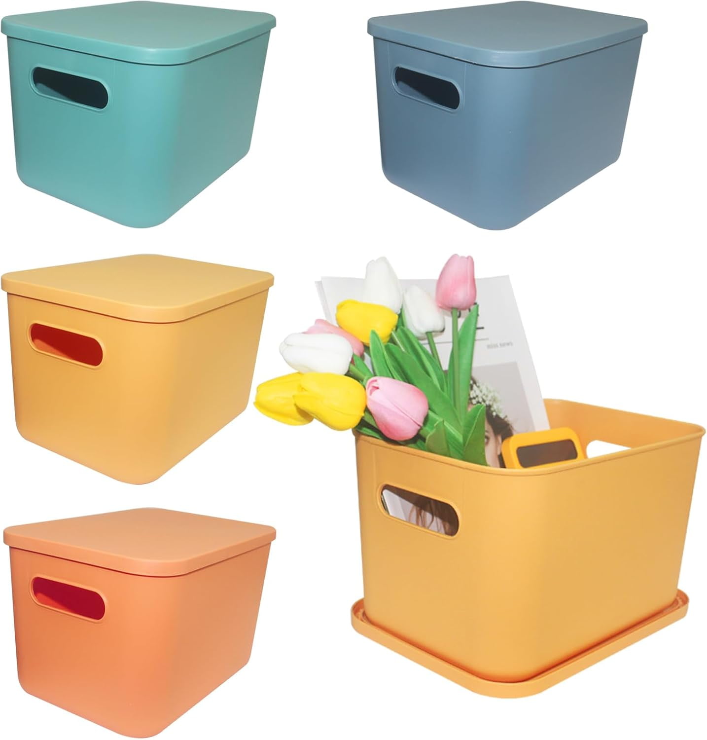 4 Pieces Colorful Plastic Storage Bins with Lid Storage Box with Handle ...