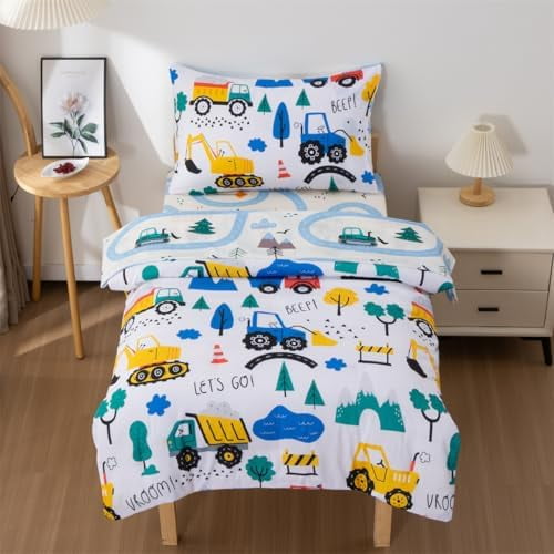 4 Pieces Construction Toddler Bedding Set for Baby Boys,Tree Truck ...