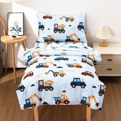 4 Pieces Construction Truck Toddler Bedding Set for Baby Boys, Cartoon ...
