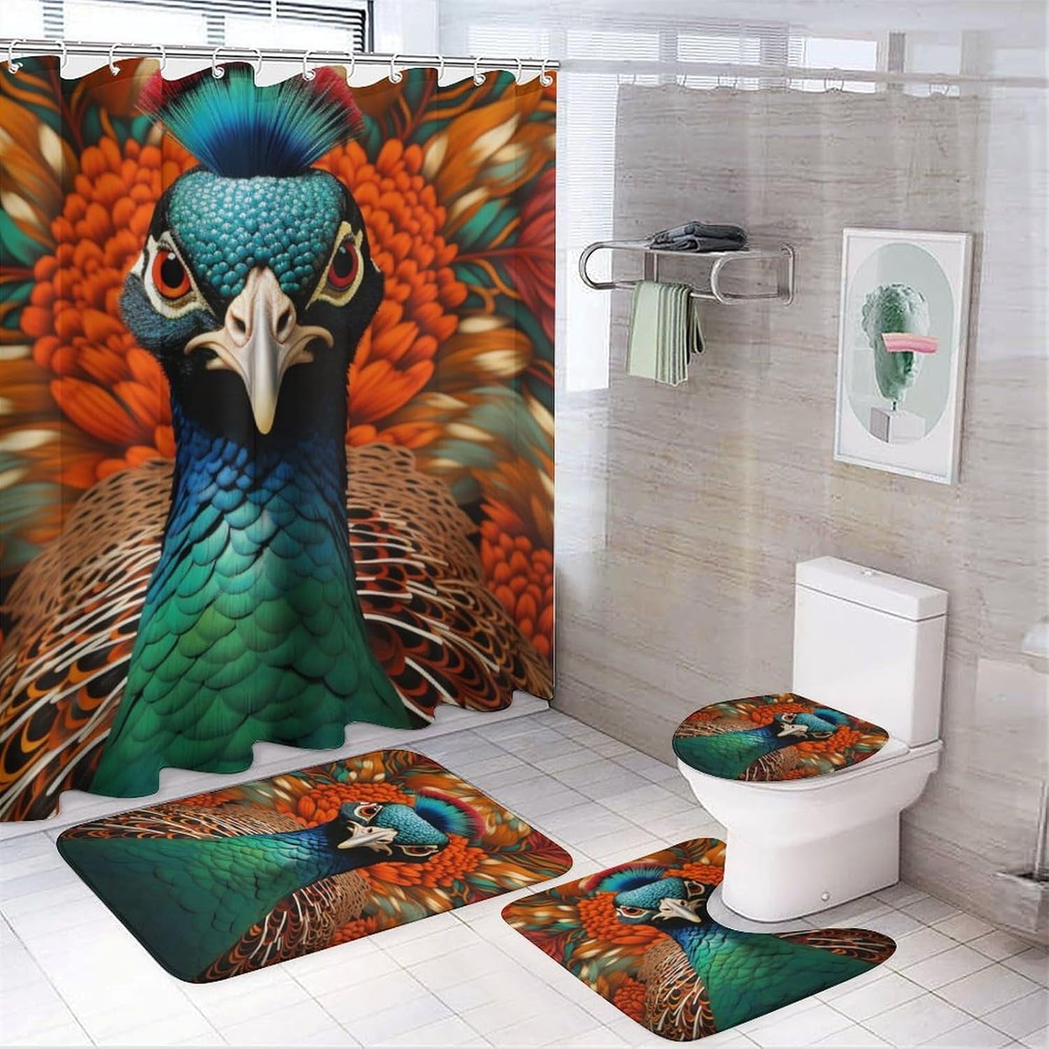 4 Pieces Cool Peacock Shower Curtain Set Vintage Noble Gorgeous Animal ...