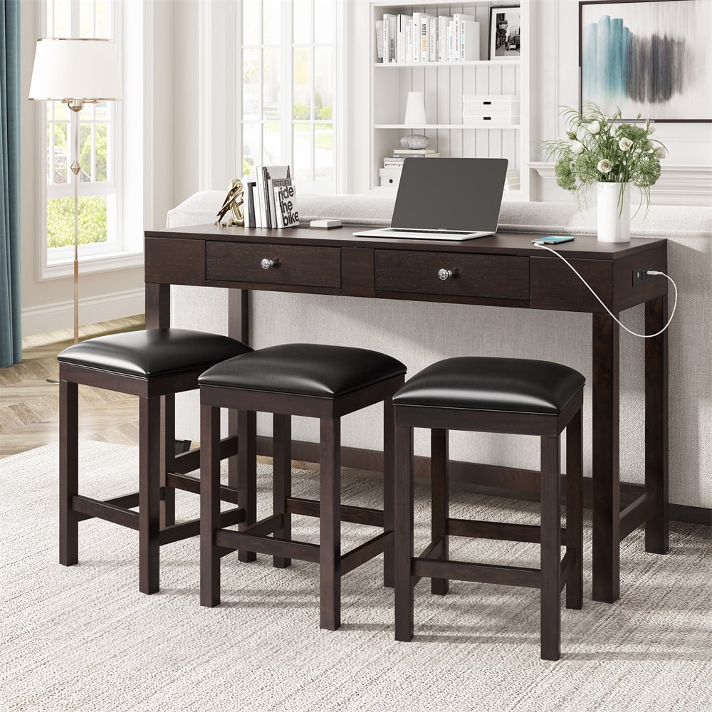 4 Pieces Counter Height Table with Sockets and Fabric Padded Stools ...