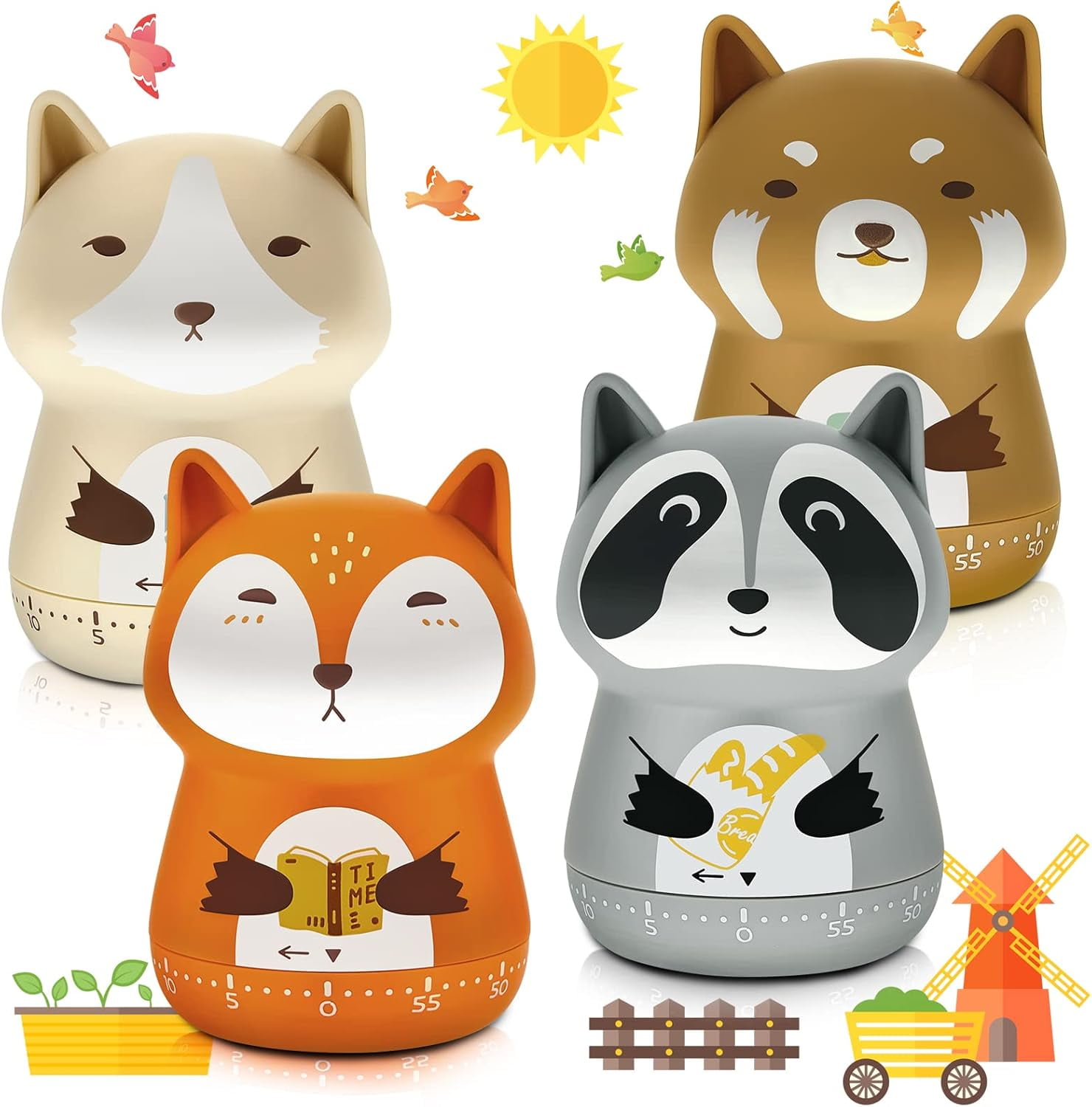 4 Pieces Cute Kitchen Timer Animal Mechanical Manual Fox Raccoon Bear ...