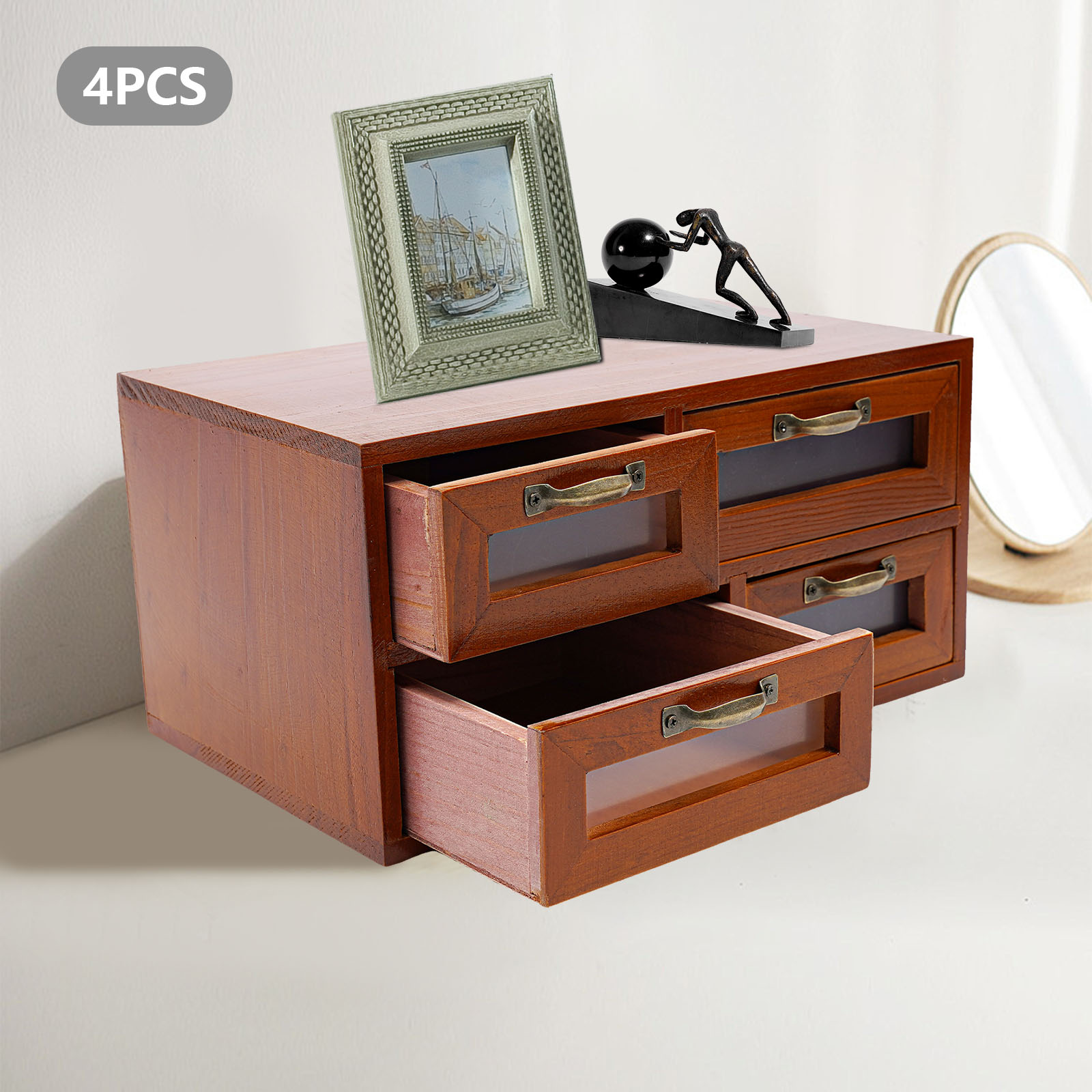 4 Pieces Desktop Drawer Organizer Brown Vintage Wooden Storage Box ...