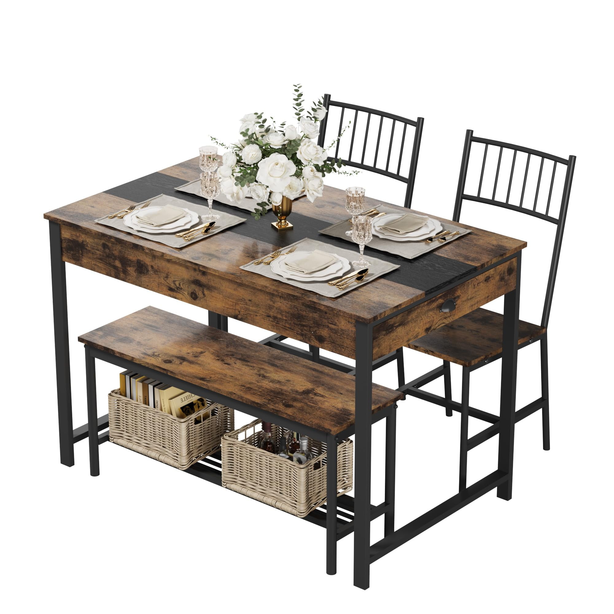 4 Pieces Dining Table Set,Kitchen Table and 2 Chairs for 4 with Bench ...