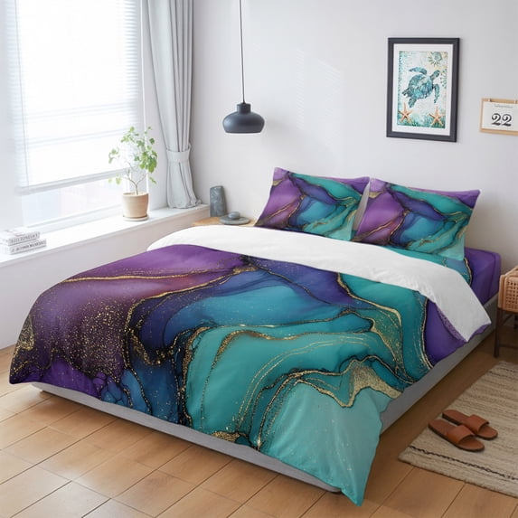 4 Pieces Duvet Cover California King Bedding Sets Purple Teal Gold ...
