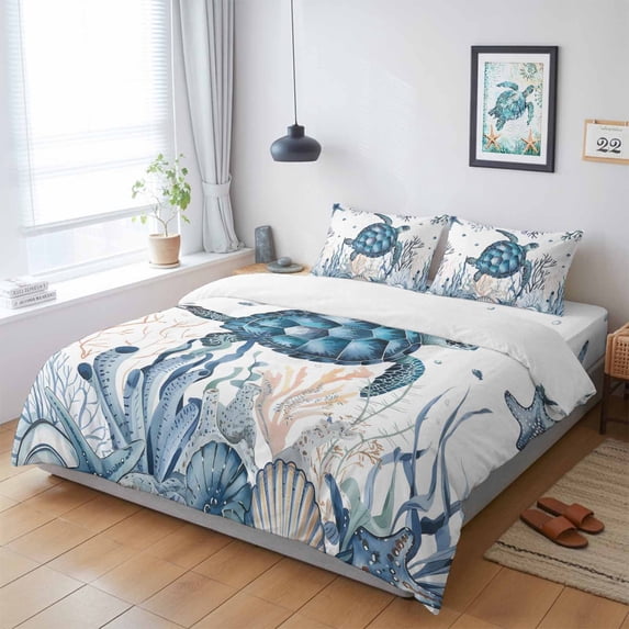 4 Pieces Duvet Cover California King Bedding Sets Sea Turtle Starfish ...