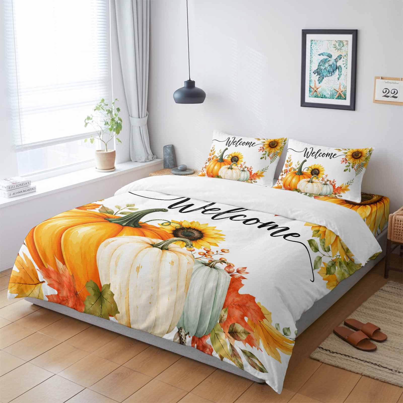 4 Pieces Duvet Cover California King Bedding Sets Welcome Sign Autumn ...