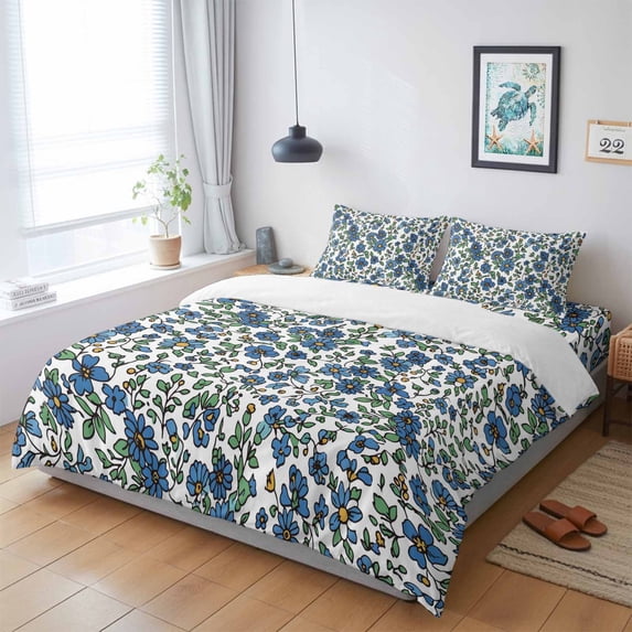 4 Pieces Duvet Cover Full Bedding Sets Blue Tiny Flowers Green Leaves ...