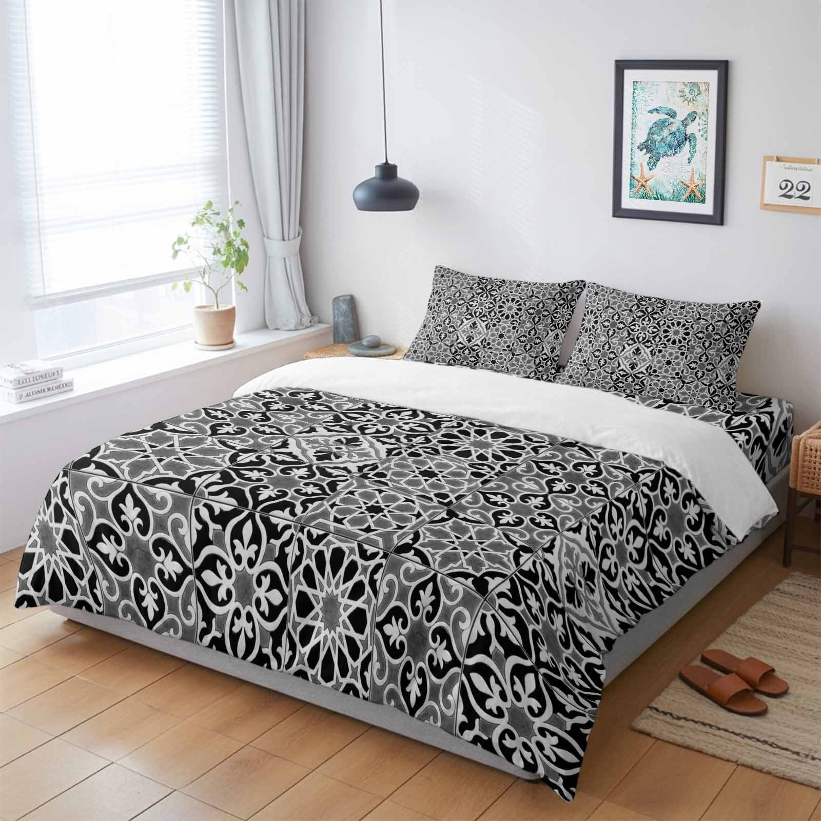 4 Pieces Duvet Cover Queen Bedding Sets Black White Abstract Geometric ...