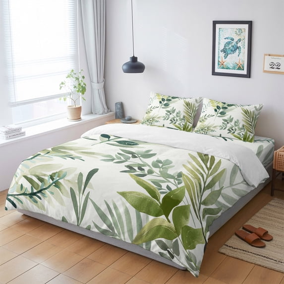 4 Pieces Duvet Cover Queen Bedding Sets Green Leaves Pastoral Botanical ...