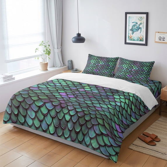 4 Pieces Duvet Cover Queen Bedding Sets Mermaid Scales Green Gradient ...