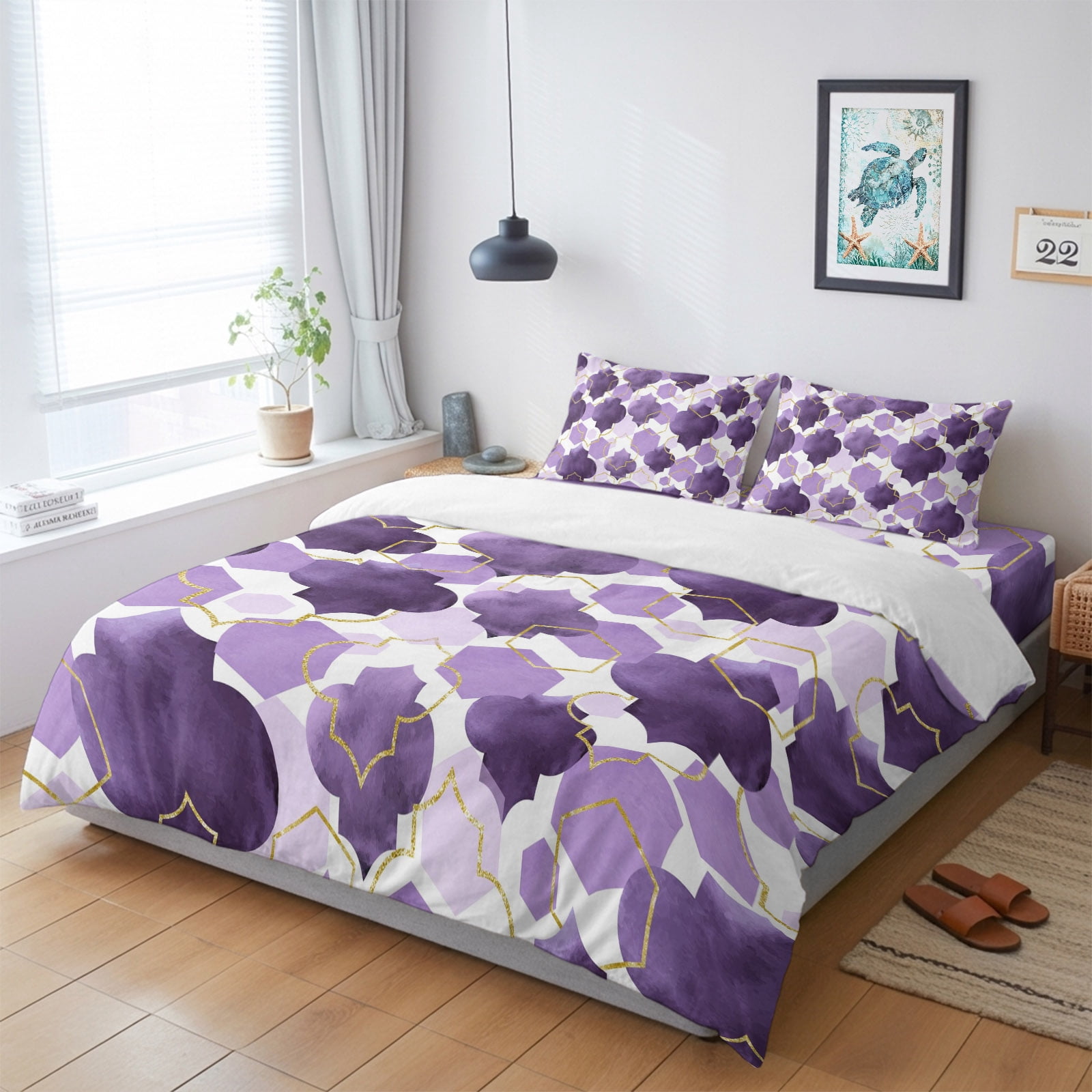 4 Pieces Duvet Cover Queen Bedding Sets Moroccan Purple Ombre Gold ...