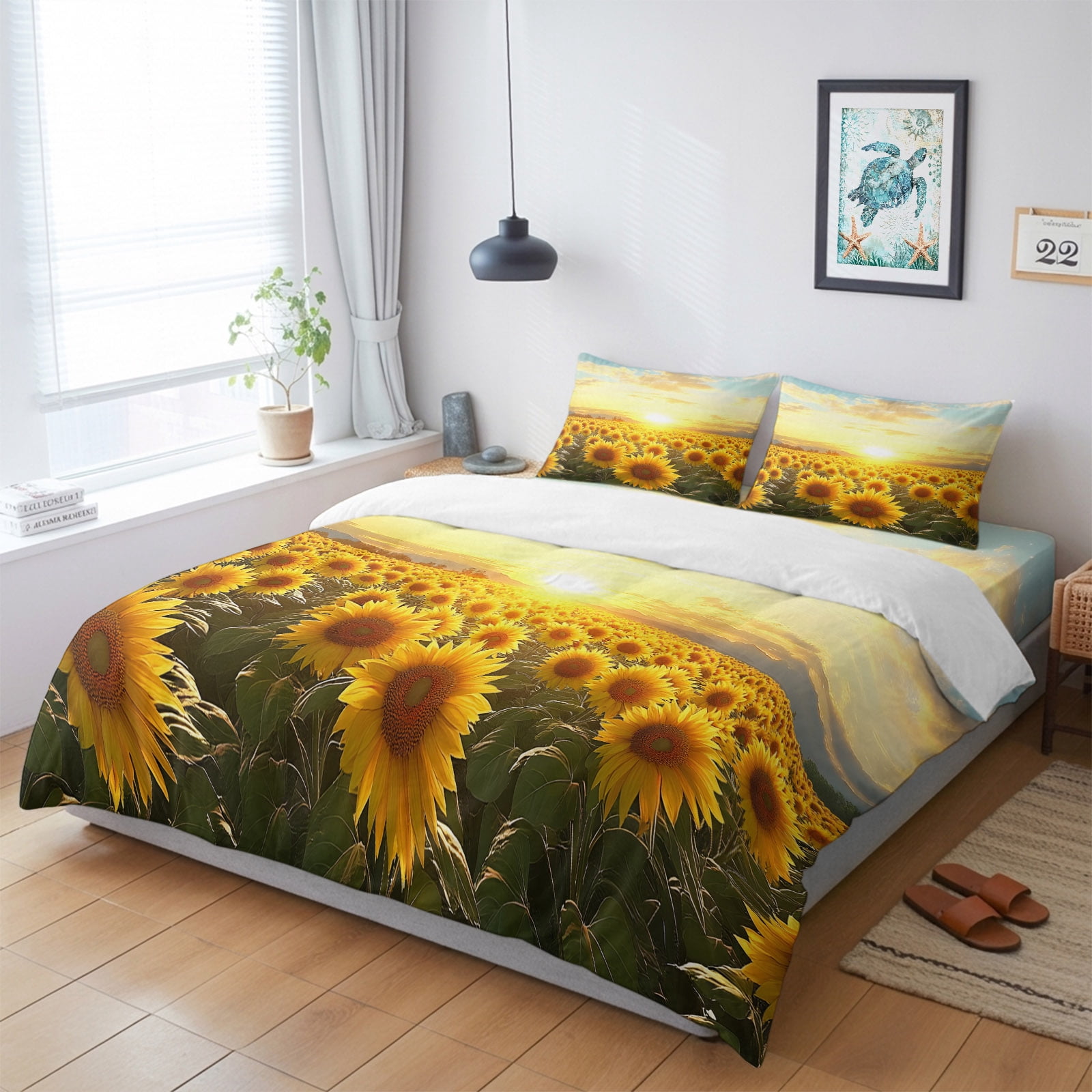 4 Pieces Duvet Cover Queen Bedding Sets Natural Garden Sunflower Sunset ...