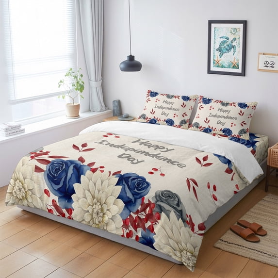 4 Pieces Duvet Cover Queen Bedding Sets Retro American White Blue Gray ...
