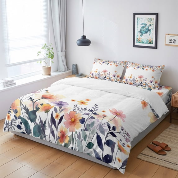 4 Pieces Duvet Cover Queen Bedding Sets Rustic Wildflower Green Leaves ...