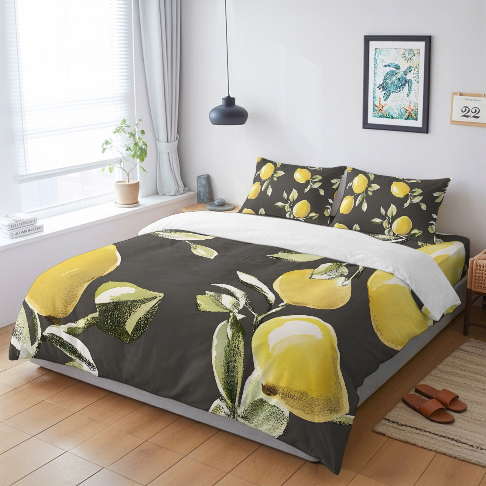 4 Pieces Duvet Cover Queen Bedding Sets Watercolor Yellow Lemon Leaves ...