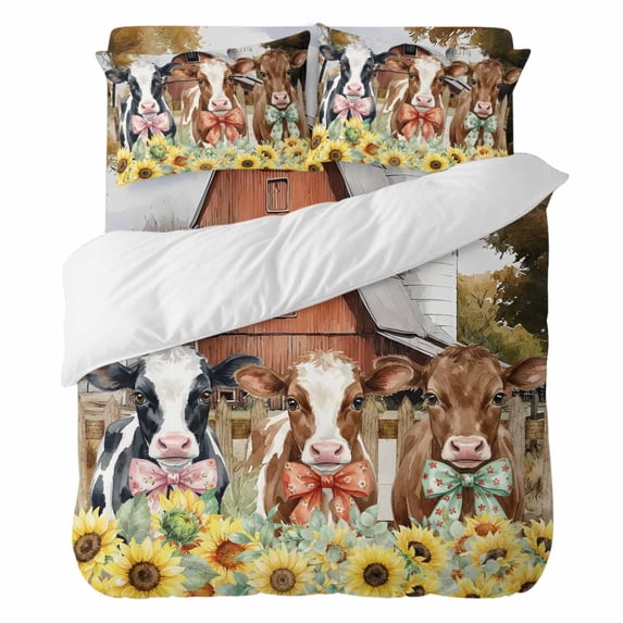 4 Pieces Duvet Cover Set Queen Size, Farm Cattle Yellow Sunflower ...