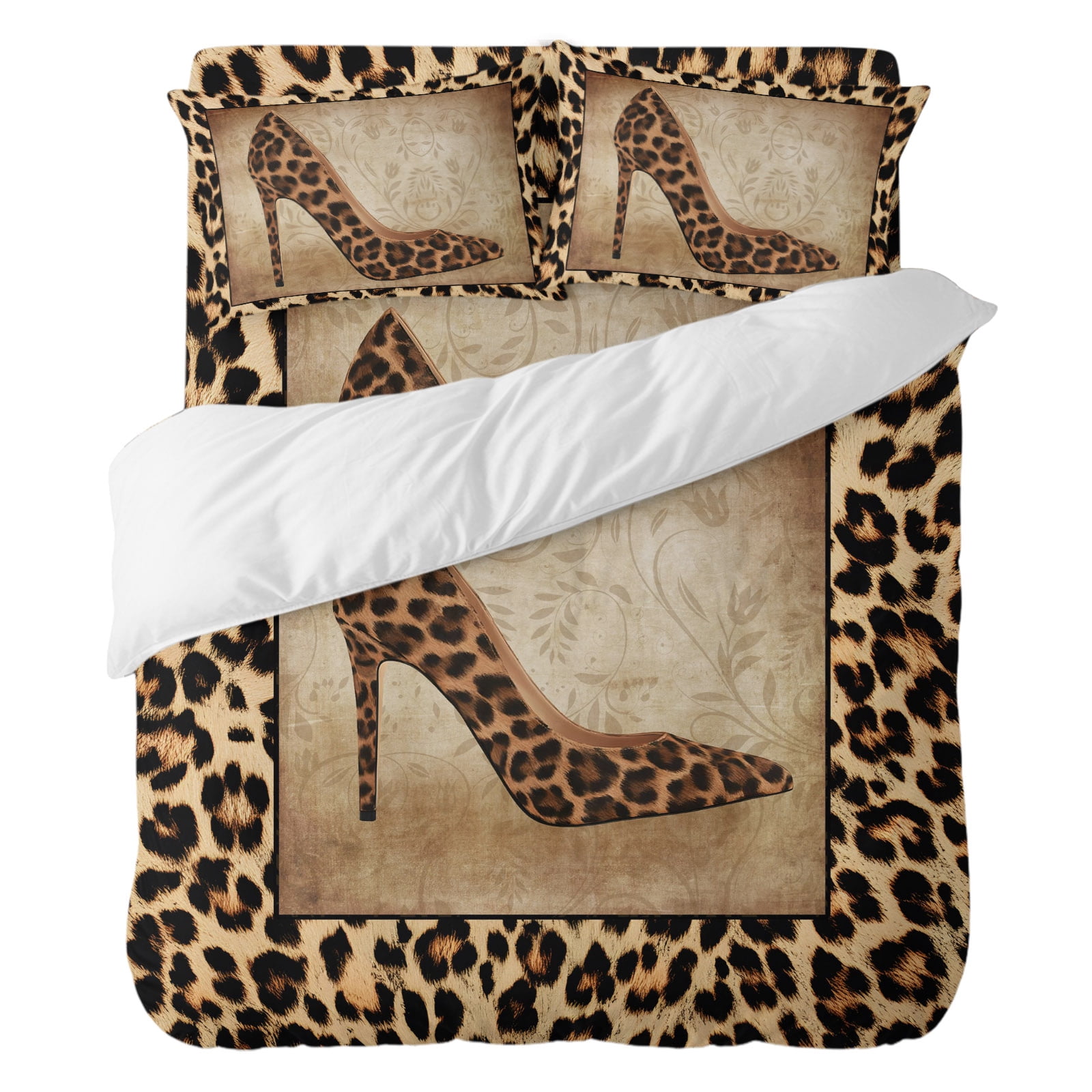 4 Pieces Duvet Cover Set Twin Size, Retro Leopard Shoes Theme Comforter ...
