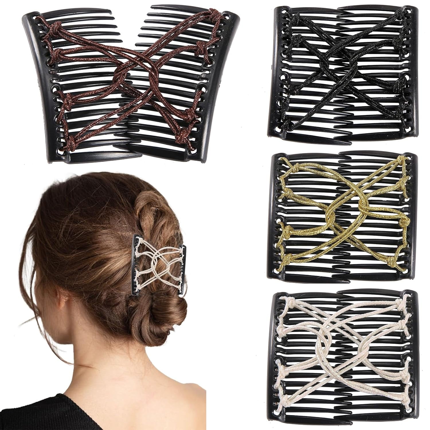 4 Pieces Elastic Double Comb Hair Fork Clips Silver Thread Magic Hair ...