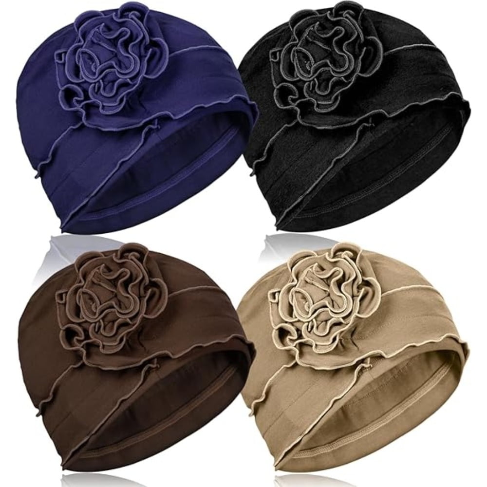 4 Pieces Elegant Rose Pattern Turbans, Ultra-Soft Elasticated Cotton ...