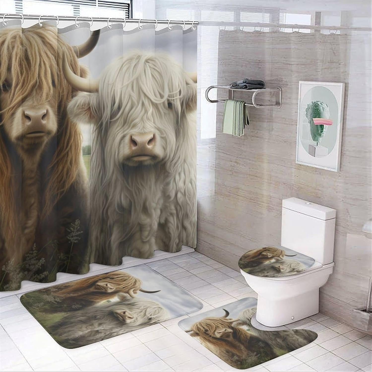4 Pieces Farmhouse Cow Shower Curtain Set Retro Rustic Animal Bathroom ...