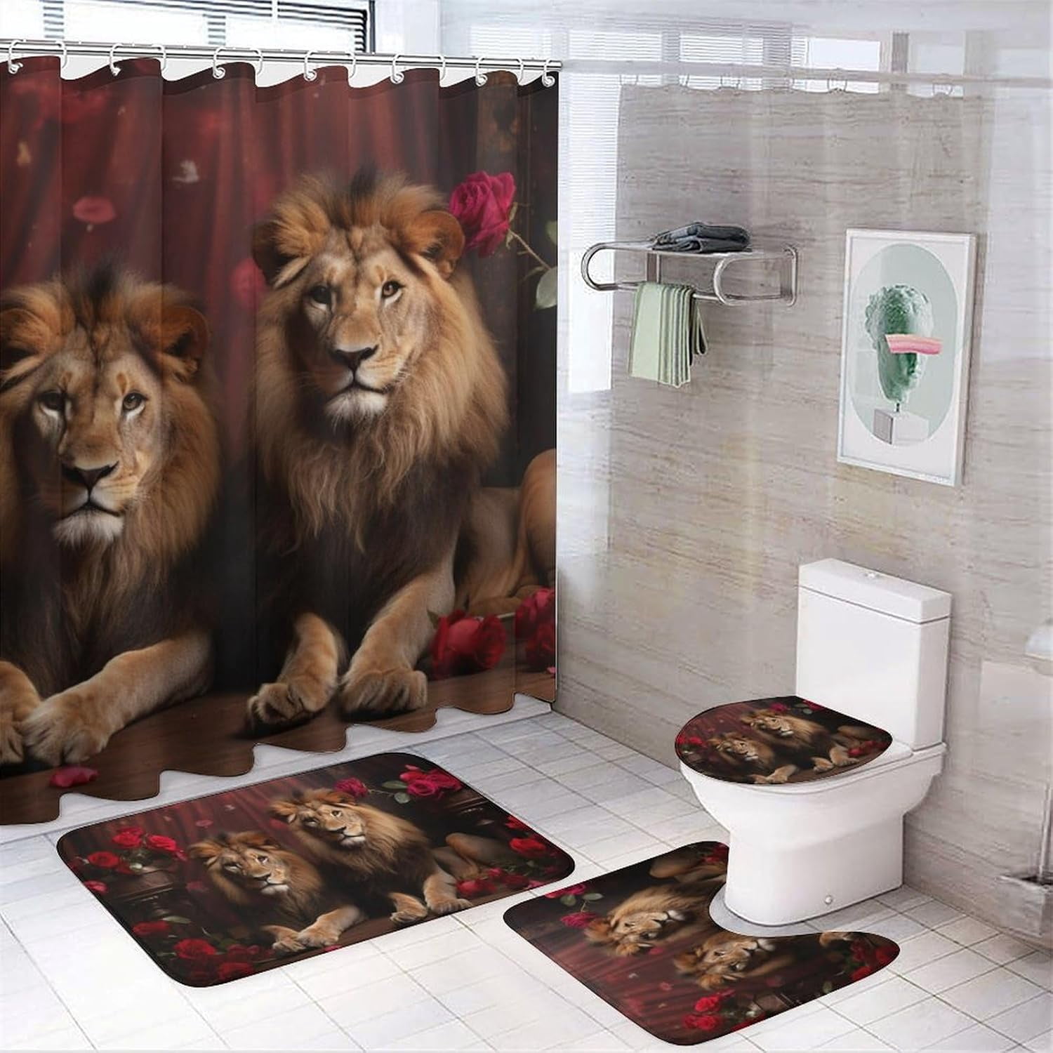 4 Pieces Farmhouse Lion Shower Curtain Set Modern Colorful Roses Rustic ...