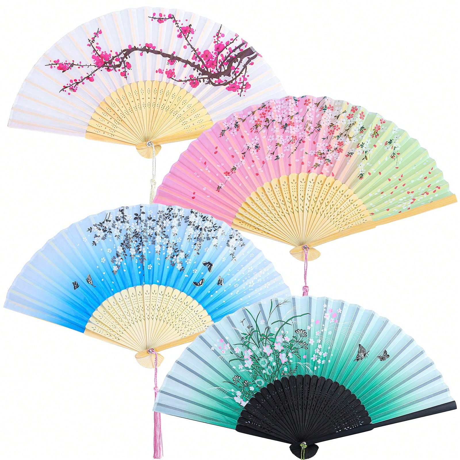 4 Pieces Folding Fans Bamboo Handheld Fans Silk Fabric Fans Hand ...