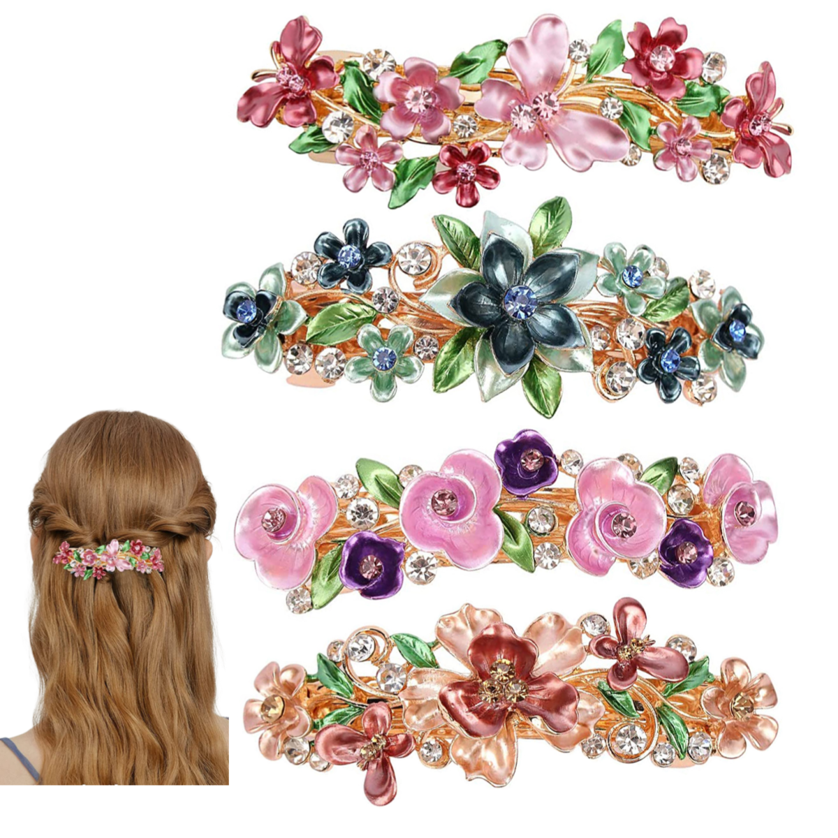 4 Pieces Hair Barrettes, Rhinestones Hair Barrettes Large Flower ...