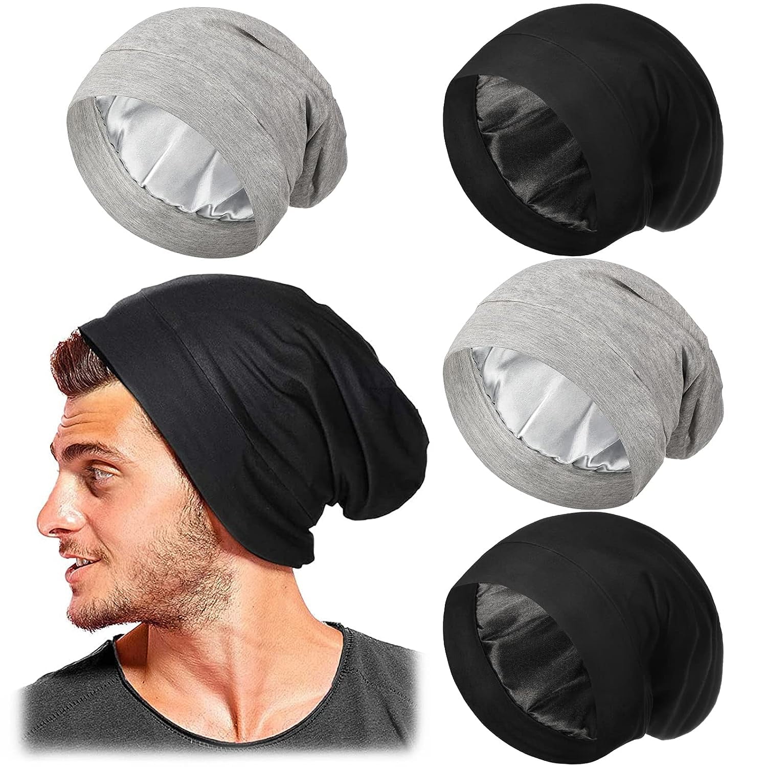 4 Pieces Hair Bonnet for Men Silk Satin Sleep Cap Cover Night Sleeping ...