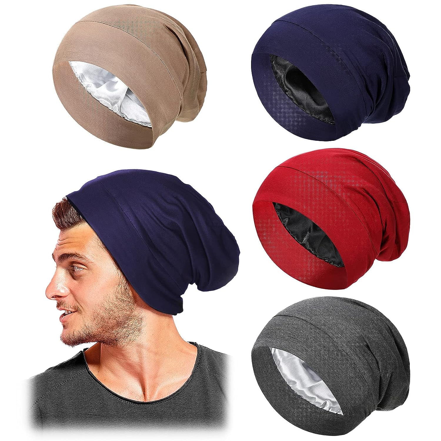 4 Pieces Hair Bonnet for Men Silk Satin Sleep Cap Cover Night Sleeping ...