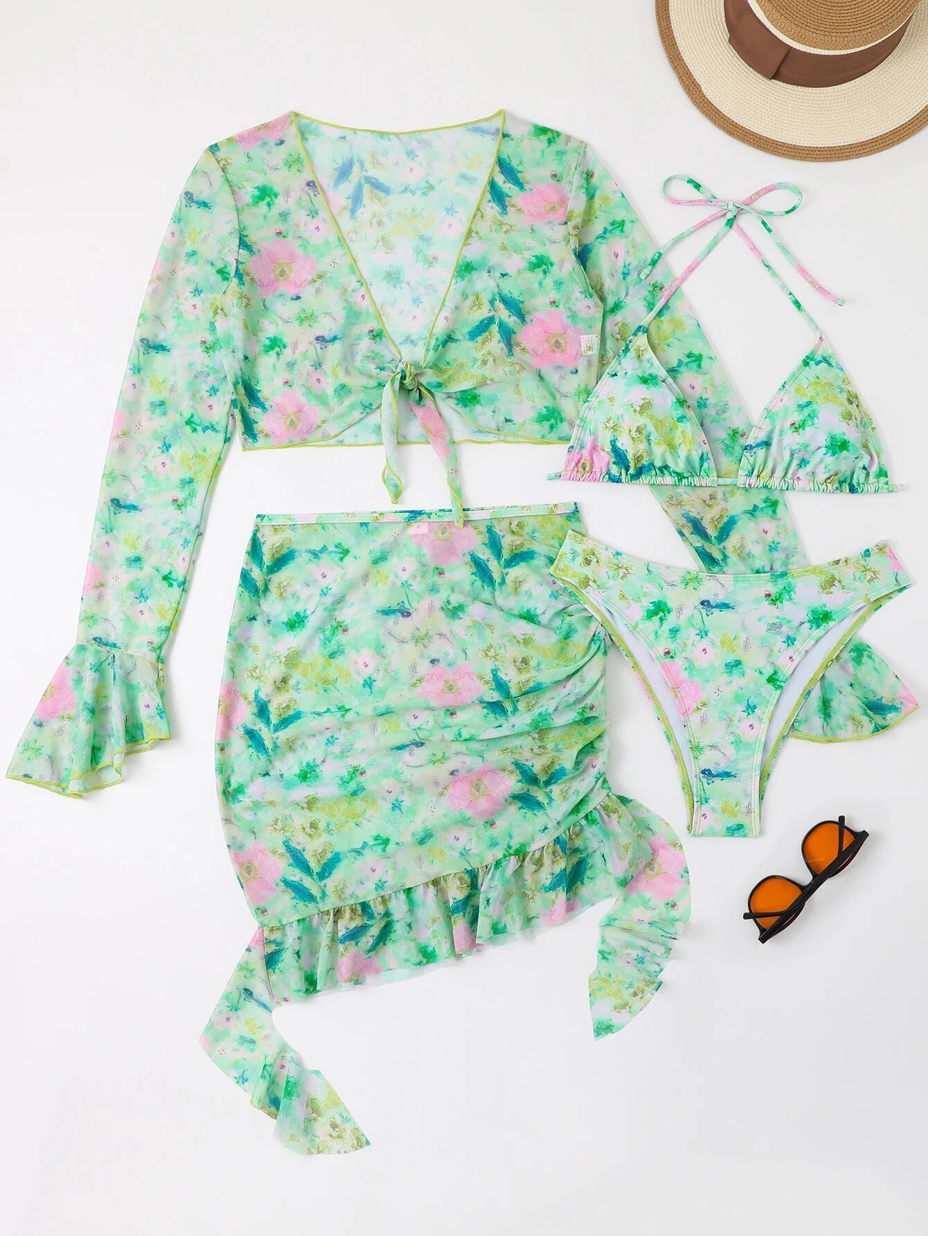 4 Pieces Halter Triangle Bikini 2024 Swimsuit Women & Tops & Beach ...