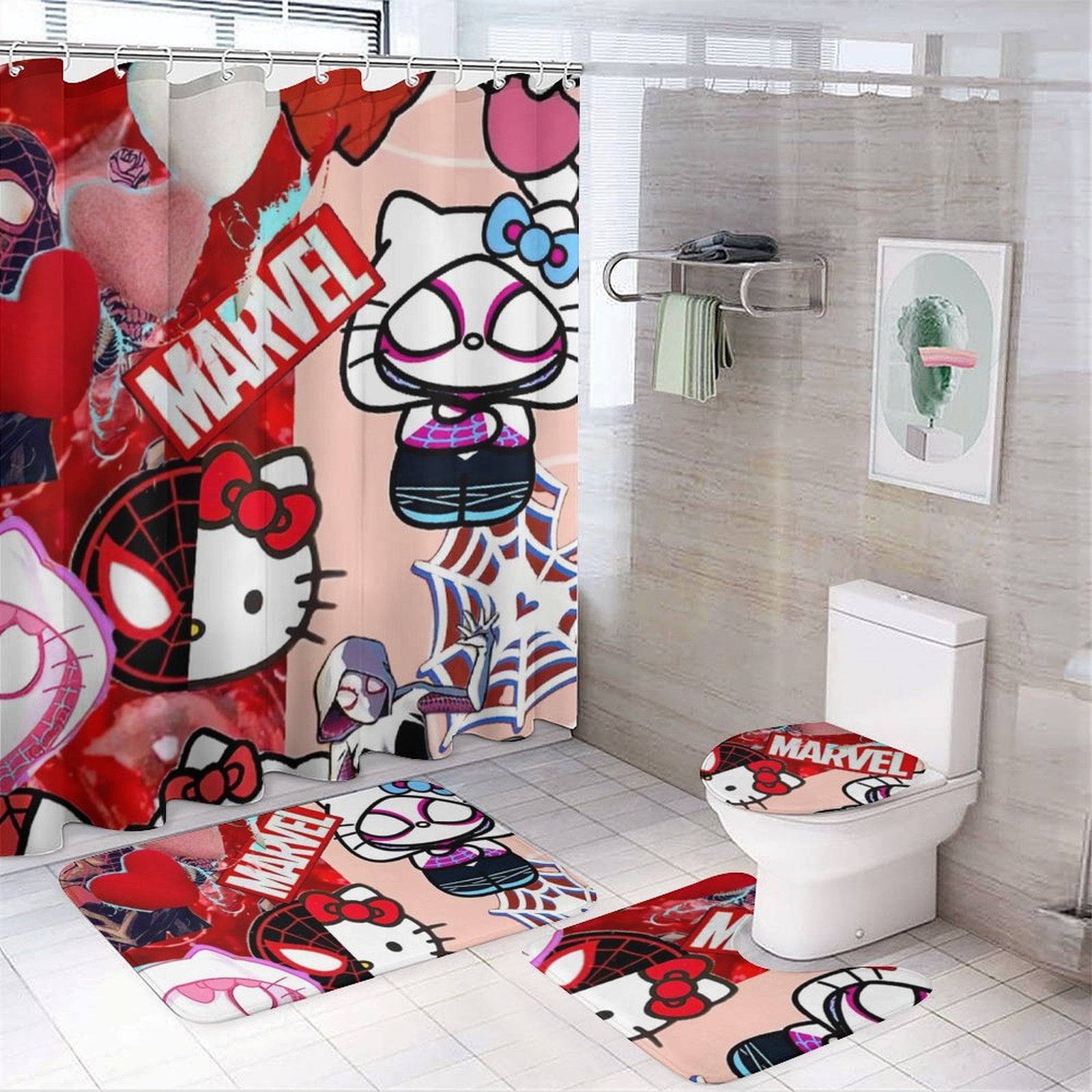 4 Pieces Hello Kitty Shower Curtain Set with Non Slip Rugs Toilet Lid ...